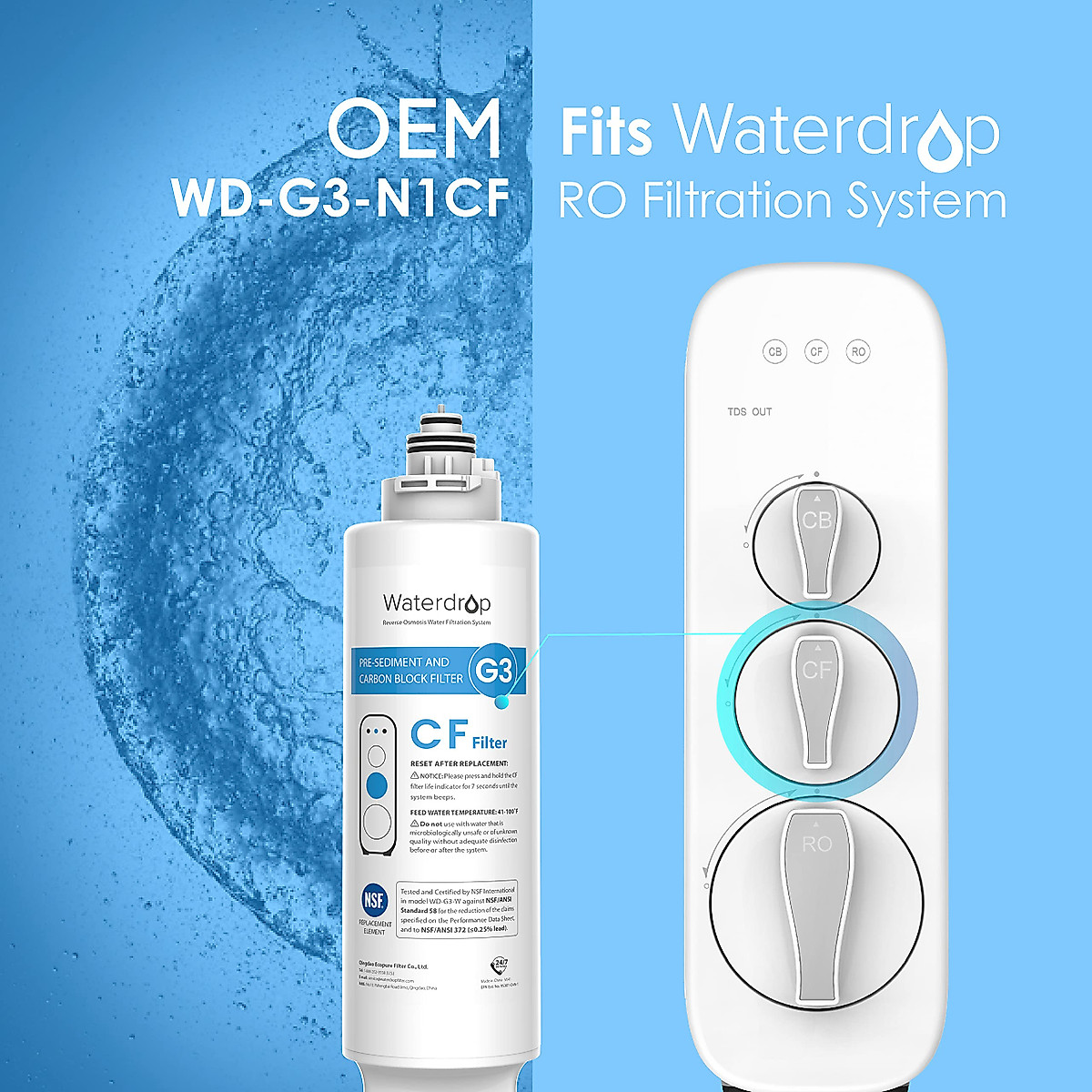 Waterdrop WD-G3-W Replacement Filter, Replacement for WD-G3-W Reverse Osmosis System, CF Filter + CB Filter + RO Filter, New Logo Design