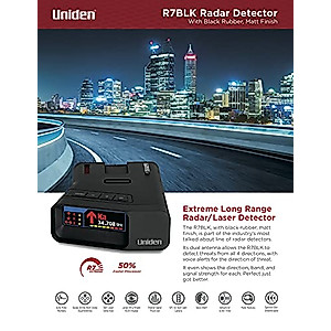 Uniden R7 Extreme Long Range Laser/Radar Detector, Built-in GPS w/Real-Time Alerts, Dual-Antennas Front & Rear w/Directional Arrows, Voice Alerts, Red Light and Speed Camera Alerts - Matte Black