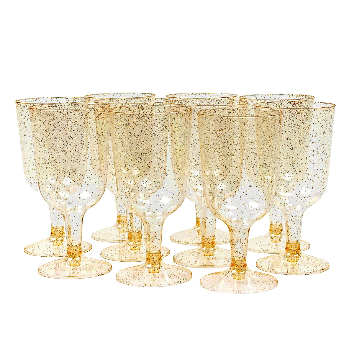 MATANA 50 Gold Glitter Goblet Plastic Wine Glasses for Weddings, Birthdays, Bridal Shower & Parties, 6oz - Sturdy & Reusable