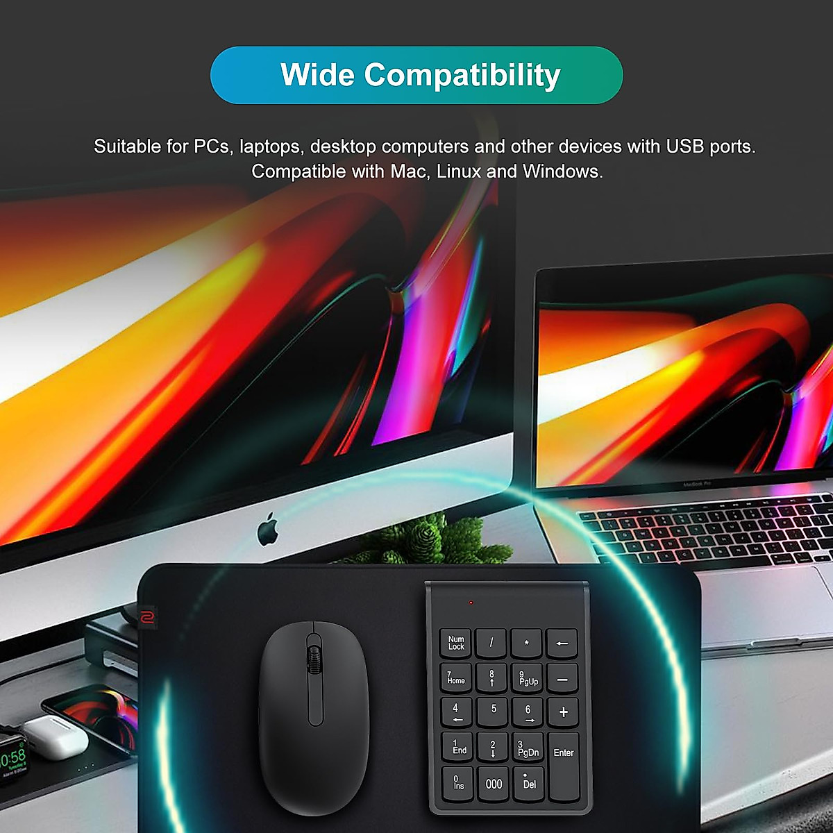LOONASA Wireless Numeric Keypad, Mini 2.4G 19 Keys Number Pad and Mouse with Batteries, Upgraded Version of 10 Key USB Keypad Portable Silent Extensions Keyboard for Laptop, PC, Desktop, Notebook