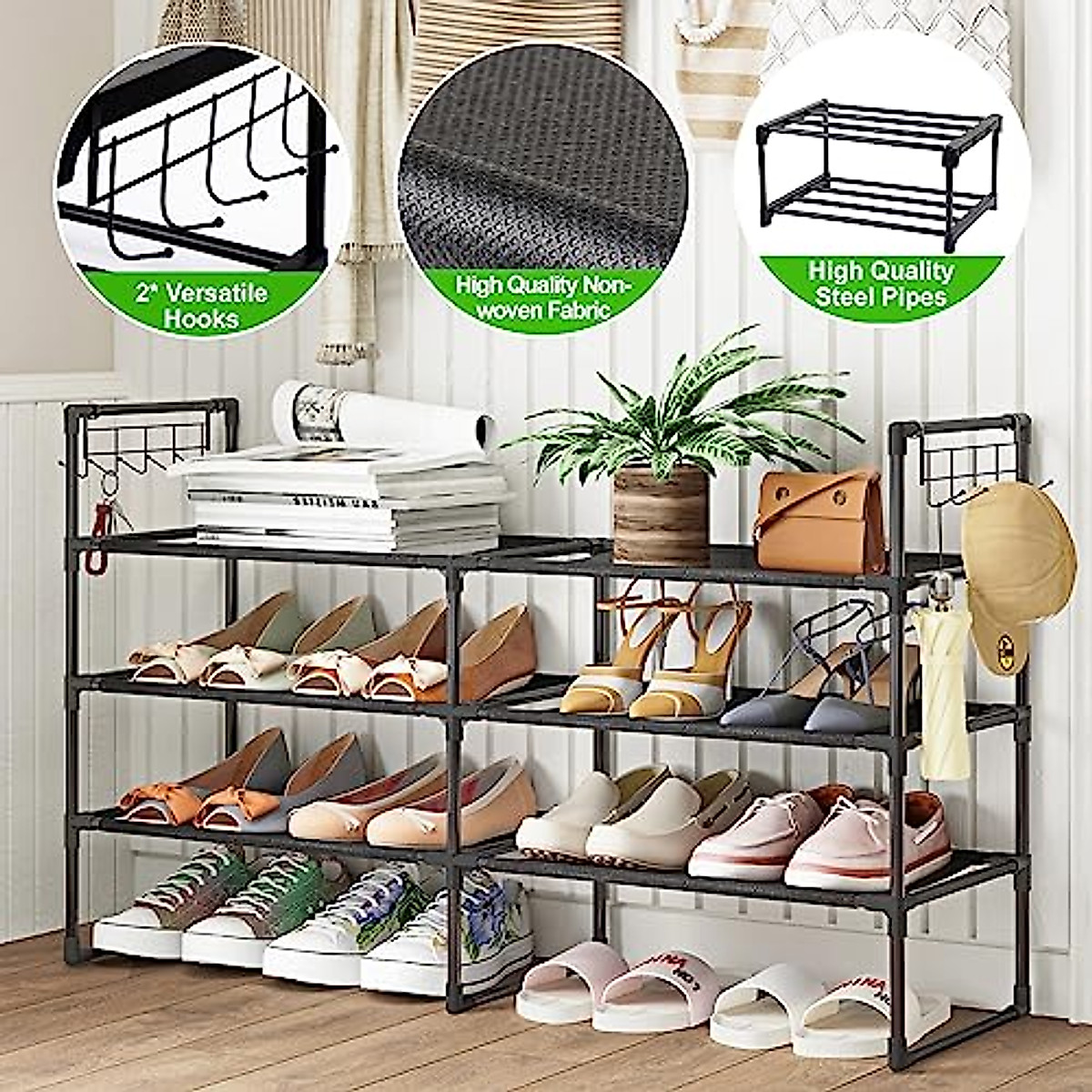 Fixwal Shoe Rack for Closet, Black, 4 Tiers, Shoe Organizer for Closet, Metal Shoe Storage for Entryway, Bedroom Closet