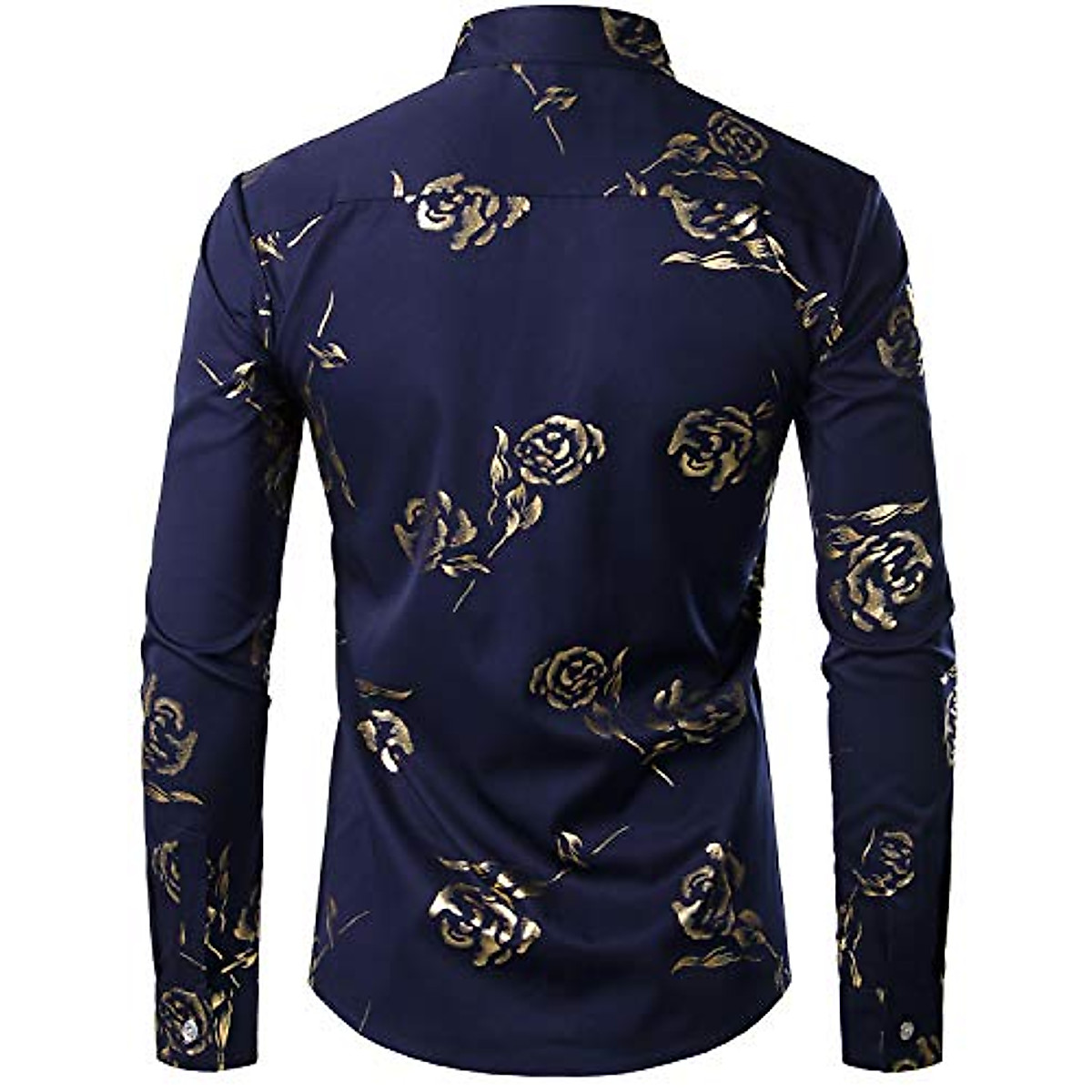 ZEROYAA Men's 3D Golden Rose Printed Slim Fit Long Sleeve Button Down Floral Dress Shirts ZZCL30 Navy Blue Small