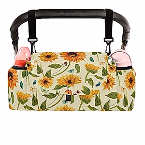 Sunflowers Butterflies Stroller Organizer with Cup Holder Universal Stroller Organizer Bag Detachable Shoulder Strap Stroller Accessories for Diaper Toys Phone Keys Fit All Baby Stroller