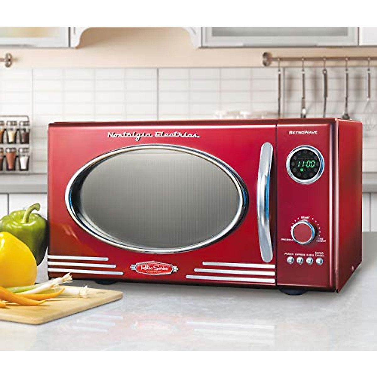 Nostalgia RMO4RR Retro Large 0.9 cu ft, 800-Watt Countertop Microwave Oven, 12 Pre-Programmed Cooking Settings, Digital Clock, Easy Clean Interior, Metallic Red