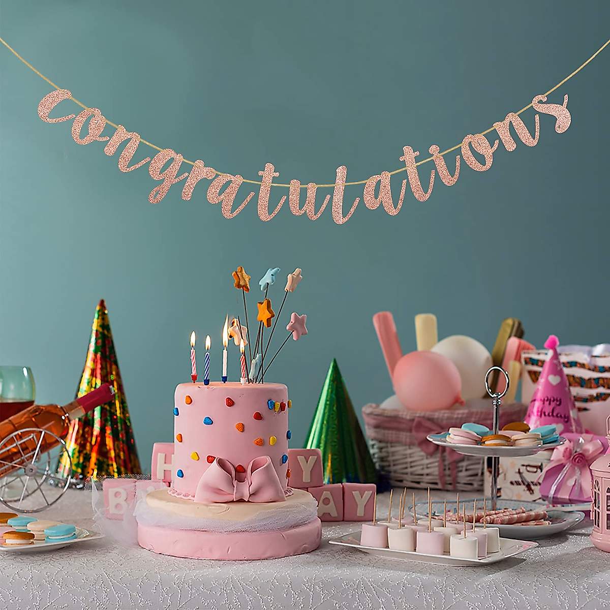 Talorine Glitter Congratulations Banner for Happy Wedding, Anniversary, Graduation, Retirement Birthday Girl's Theme Party Decorations Supplies Rose Gold