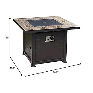 LOKATSE HOME 34" Propane Gas Fire Pit Table Outdoor with Cover 50,000 BTU Auto-Ignition Natural Slate Top Steel Flame Antique Bronze Finish Lava Rocks Included, 34inch Square
