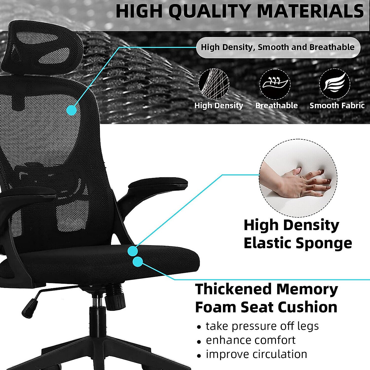 Ergonomic Mesh Office Chair Swivel Computer Desk Chair Home Office Seat Headrest Black