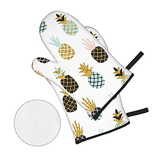 Abstract Tropical Fruit Pineapple Oven Mitts and Pot Holders Sets of 4,Non-Slip Heat Resistant Oven Gloves for Baking Cooking Grilling BBQ