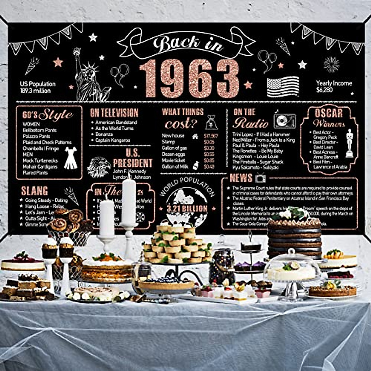 Large 60th Birthday Banner Backdrop Decorations for Women, Rose Gold Back in 1963 Happy 60 Birthday Sign Poster Party Supplies, Sixty Bday Photo Background Decor for Outdoor Indoor