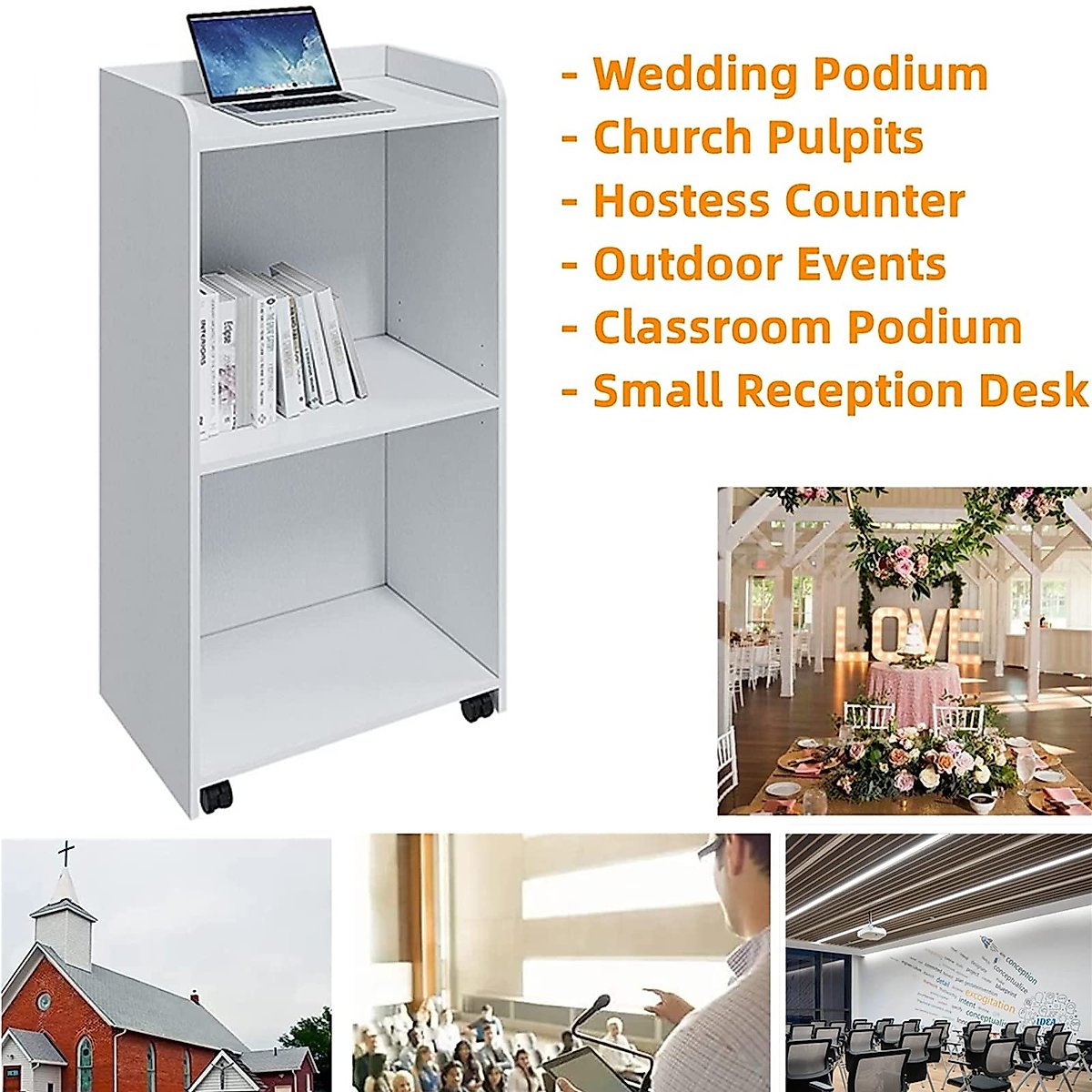 Panana Podium Stand - Hostess Stand with Wheels, Portable Podium Stand Reception Desk with Adjustable Shelf, Pulpits for Churches, Mobile Lectern Podium for Conference, Auditorium, Classroom, White