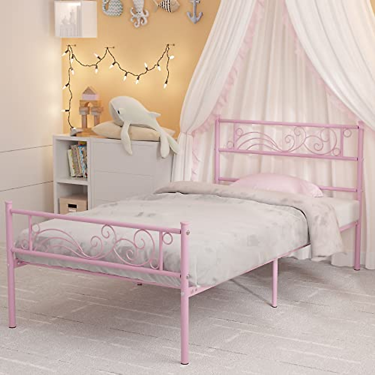 Weehom Metal Bed Frame Twin with Bed Storage,No Box Spring Needed,Heavy Duty Steel Slats Support for Boys Girls Teens Students Adults Pink