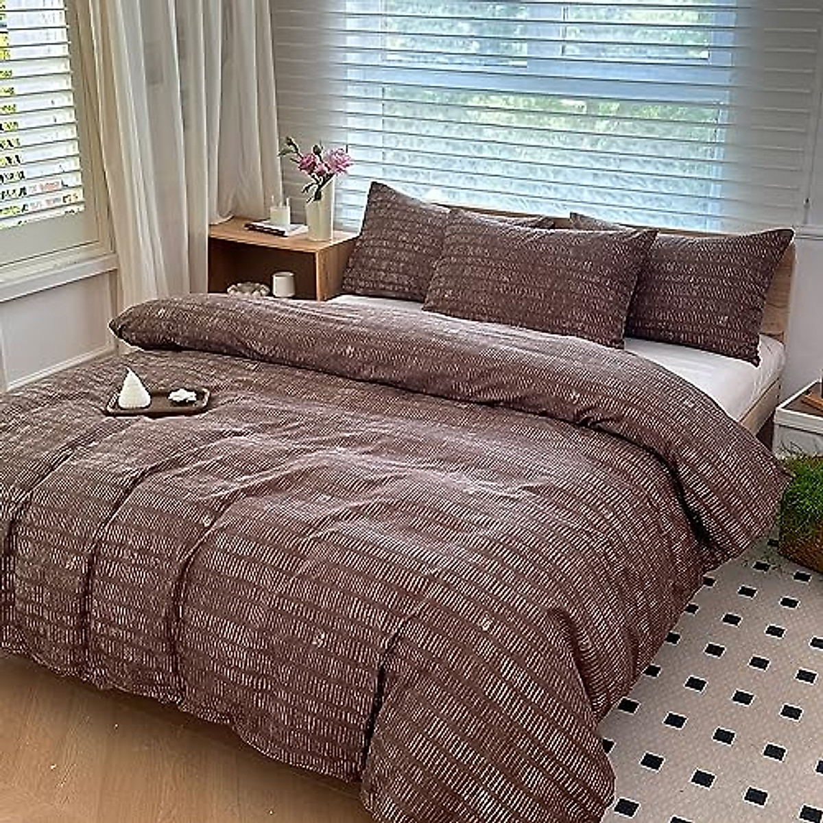 NSNLGSGC Mocha Brown Boho Duvet Cover King, Vintage Chocolate Striped Comforter Cover Set, Coffee Bohemian Bedding Cover Set(3 Pieces, King)