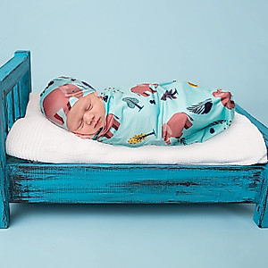 2pack Newborn Swaddle Blanket with Beanie Hat Set, Baby Stretchy Cotton Swaddle Sack 0-3 Months Infant Soft Sleep Sack Wrap Neutral Receiving Blanket for Baby Boy Girl (Bear & Elephant)