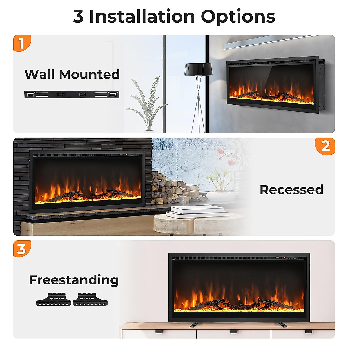 GOFLAME 36 Inch Electric Fireplace Recessed/Wall Mounted/Freestanding, Linear Electric Fireplace Heater Insert with Remote Control, Adjustable Flame Color & Brightness, Thermostat, Timer, 750W/1500W