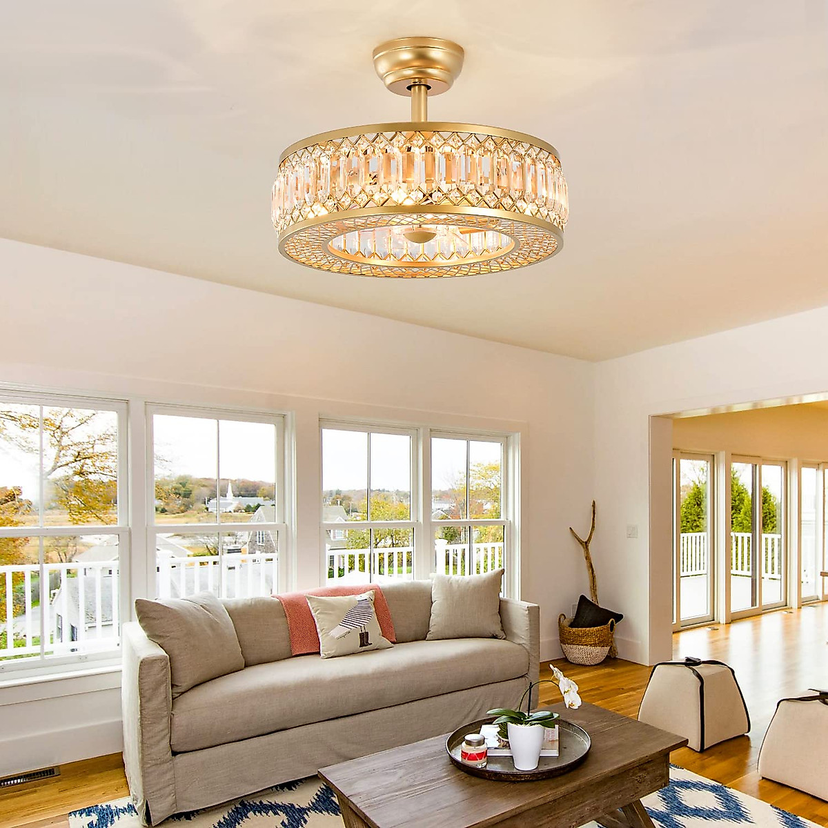 KOKAiZeeKi Gold Crystal Caged Ceiling Fans with Light, 18" Bladeless Ceiling Fan with Remote Control, 6 Speed Low Profile Enclosed Ceiling Fan with Reversible Motor for Bedroom Kitchen Living Room