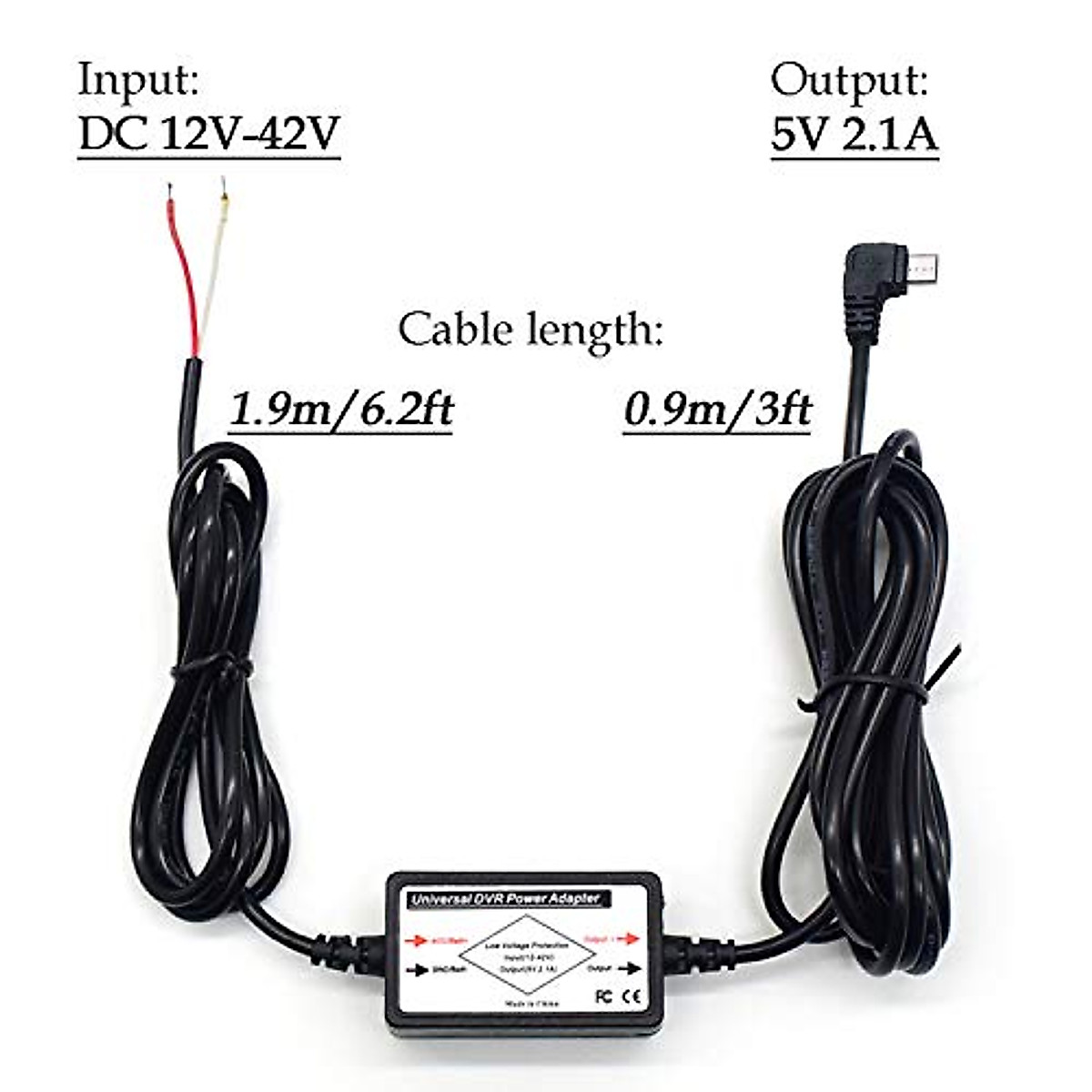 DC 12V to 5V Micro USB Cable Right Angle Plug, Dash Cam Hardwire Kit Micro USB Charger Car Direct Wired Charging Cable for Dash Cameras GPS Navigator Tablet DVR Recorder, Accept DC 12-24V Input