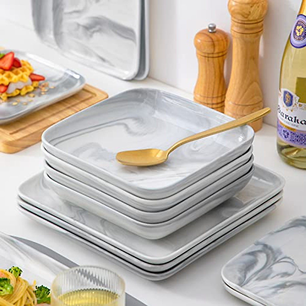 MALACASA Plates and Bowls Sets, 16 Piece Porcelain Square Dinnerware Sets for 4, Marble Dish Set with Dinner Plates, Dessert Plates, Soup Plates and Bowls, Modern Dishes Dinnerware Set, Series IVY