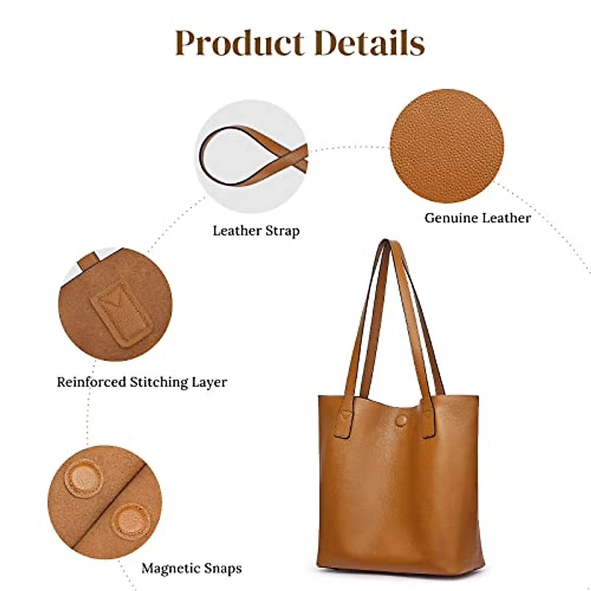 S-ZONE Genuine Leather Tote Bag for Women Soft Shoulder Handbag Ladies Purse with Canvas Pouch