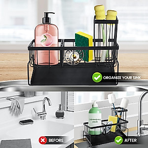 Tendry Sponge Holder for Kitchen Sink Caddy Organizer, Dish Soap Sponge Caddy with Brush Holder, Rustproof Sink Accessory with Dividers for Storage Kitchen Gadgets