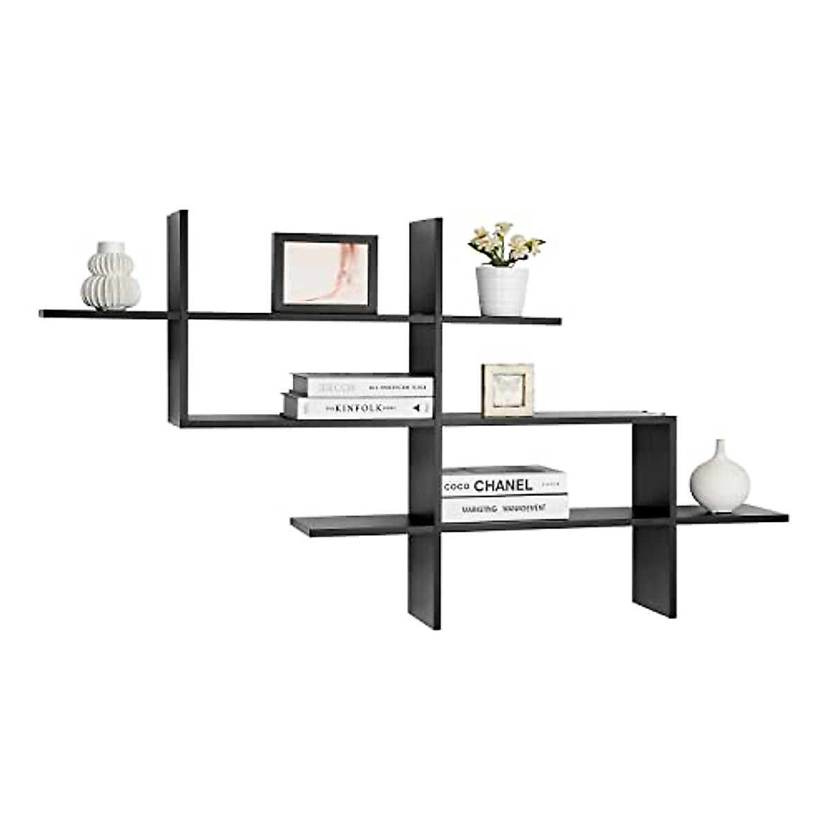 Danya B. 3-Tier Rustic Hanging Wall Mount Floating Ladder Accent Shelf with Criss Cross Asymmetrical Modern Design (Black)