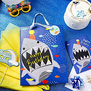 LeZakaa 13" Birthday Gift Bag, Medium Blue Gift Bag with Tissue Paper, Gift Tag and Card - Shark with Word Happy Birthday Design for Boy, Girl, Kids