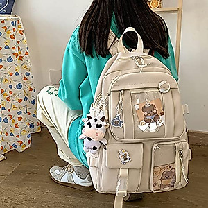 YOUNE Kawaii Backpack, with Kawaii Pin and Cute Accessories Backpack Cute Aesthetic Backpack for School Capacity Rucksack, Beige