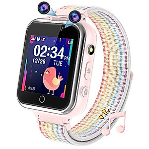 PTHTECHUS Kids Game Smart Watch for Boys and Girls,Smartwatch with 24 Puzzle Games Nylon Strap Dual Cameras Touch Screen Music Player Pedometer Multi-Function for 4-12 Years Children Gifts-Pink