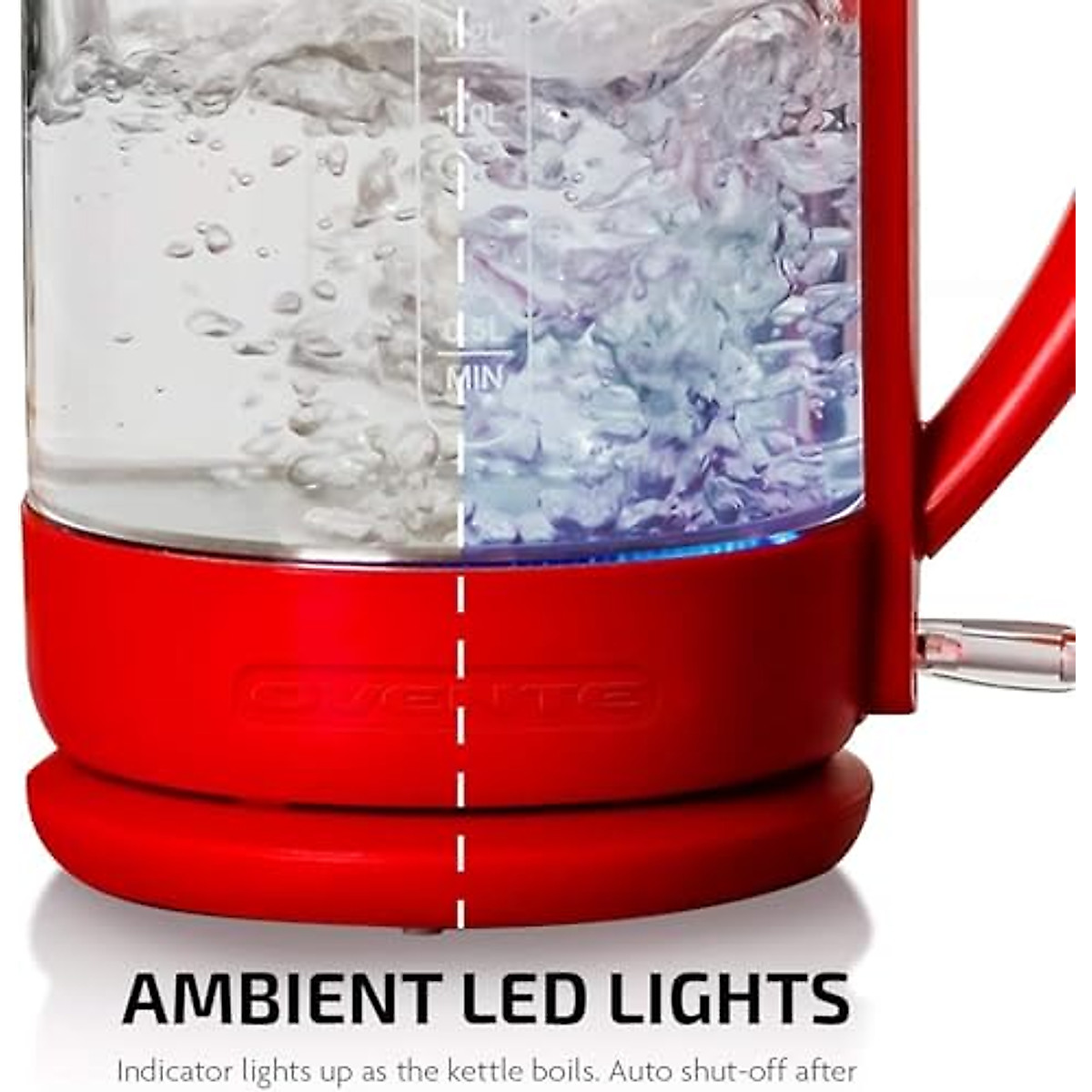 OVENTE Electric Glass Kettle 1.5 Liter 1500W Instant Hot Water Boiler Heater with ProntoFill Tech, Boil-Dry Protection, Automatic Shut Off, Fast Boiling for Tea & Coffee, Red KG516R