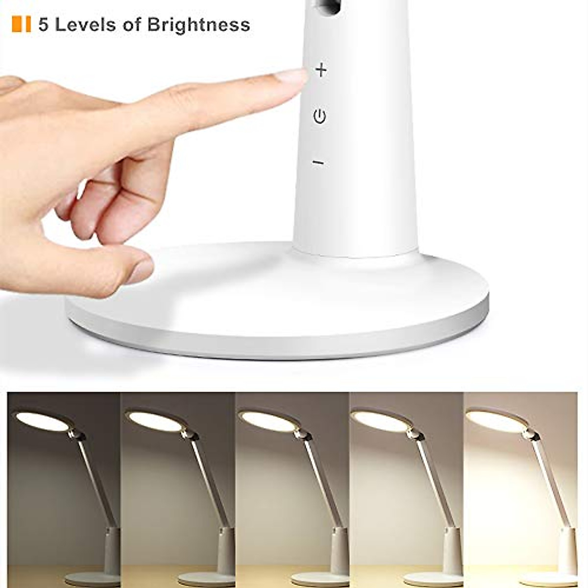 GERINTECH LED Desk Lamp with Adjustable Brightness, Dimmable Bright Table Lamp for Bedroom, Office, Reading, Study (White)