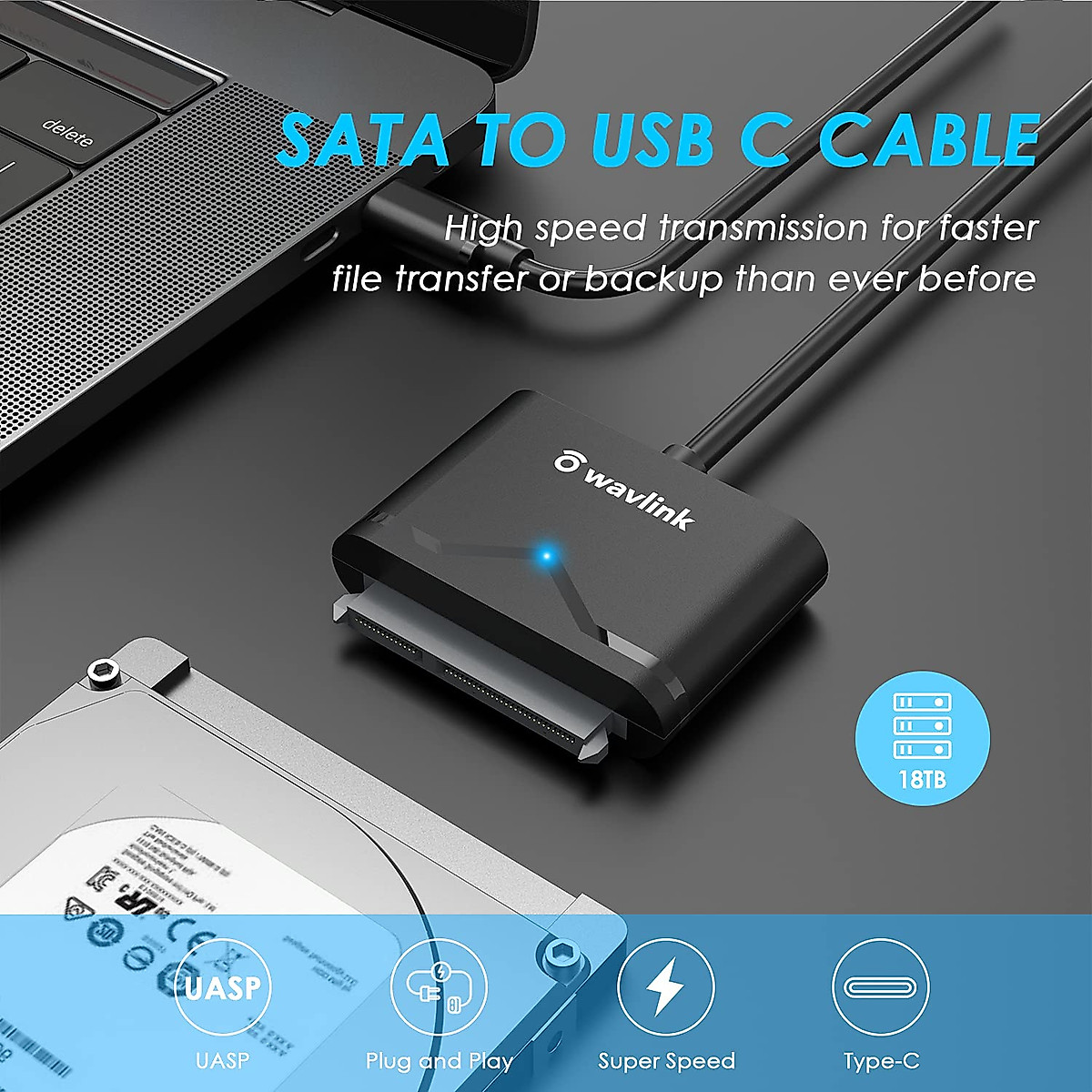 WAVLINK SATA to USB C Adapter Cable, USB-C (Thunderbolt 3) to SATA III Hard Driver Adapter Compatible for 2.5" SSD and HDD Hard Drive 5Gbps SATA III UASP