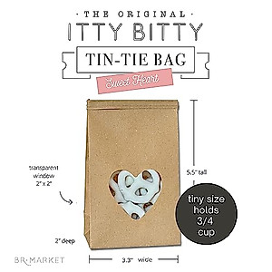 BR Market Kraft Paper Treat Bags - Extra Small with Heart Window, 50 Pcs, 3.3 x 5.5 x 2 Inch, Tin Tie Tab Lock, Brown Window, Perfect for Cookies, Coffee, Weddings