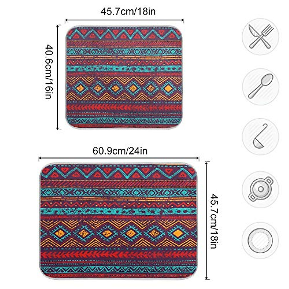 Texture Ethnic Dish Drying Mat 16"x18" Absorbent Machine Washable Hanging Fast Dry Pad Dish Protective Mat for Kitchen Countertop Heat Resistant Dinner Table Mat