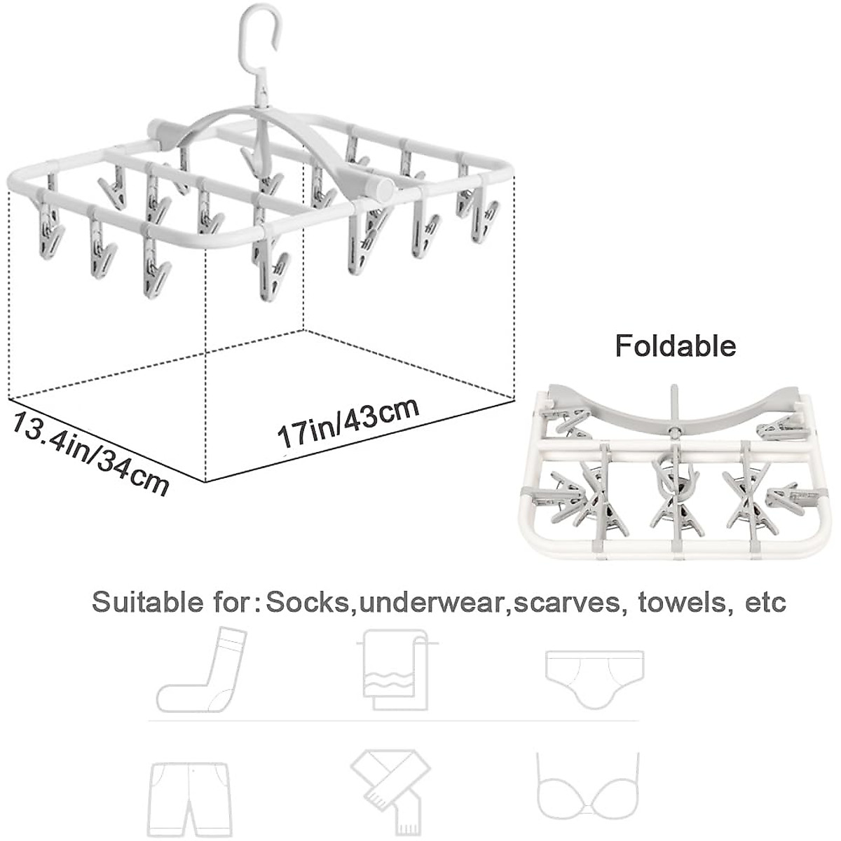 Foshine Clothes Drying Racks Foldable Clip Hangers Drip Hanger Plastic with 20 Drying Clips (Light Grey-Rectangle)