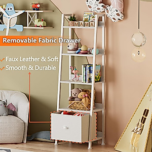 Furologee 5-Tier White Ladder Shelf, Ladder Bookshelf with Removable Drawer, Mordern Bookcase Storage Rack Organizer, Wood Metal Freestanding Storage Shelves for Living Room, Home Office, Bedroom