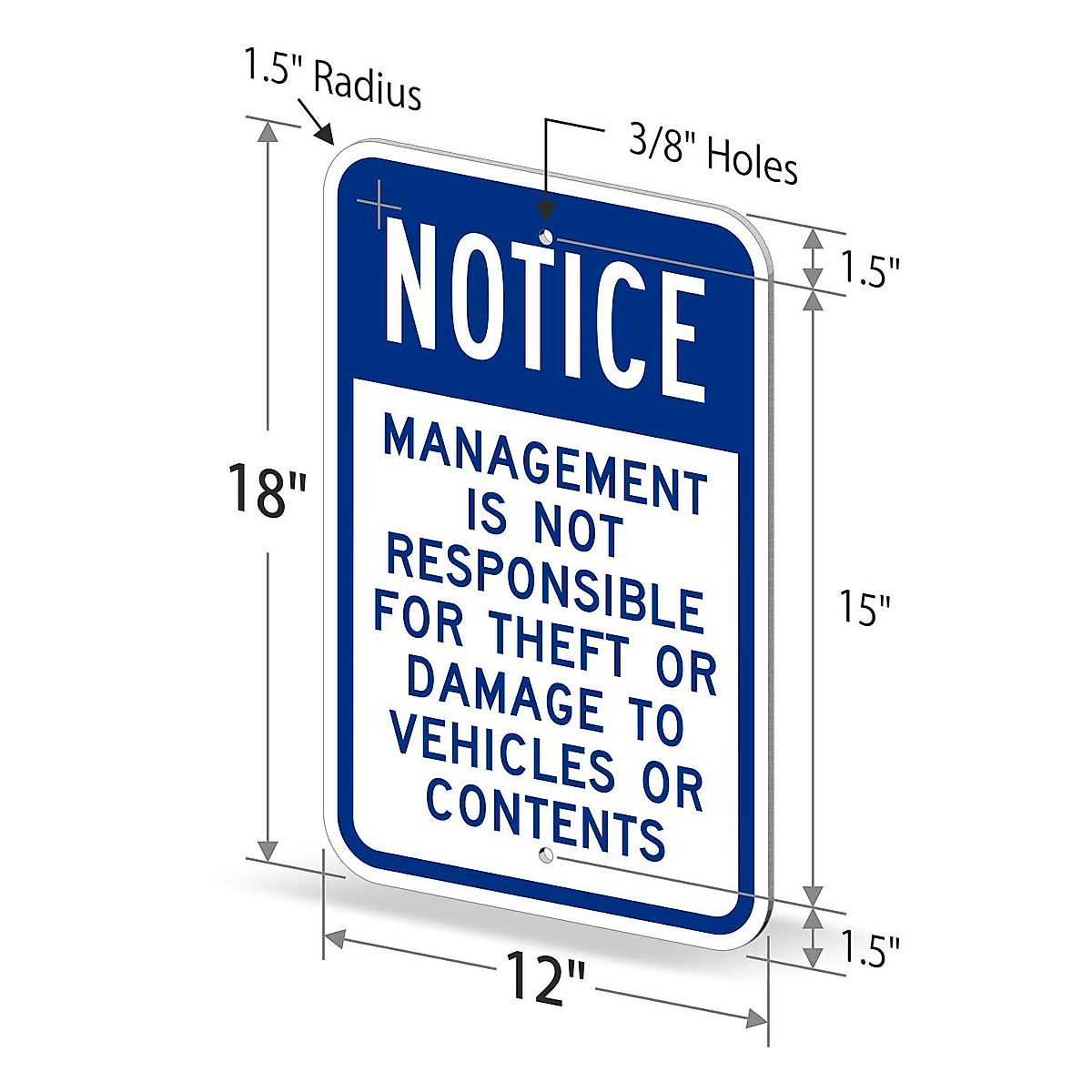 SmartSign - K-8583-HI-12x18 "Notice - Management Is Not Responsible For Theft Or Damage To Vehicles" Sign | 12" x 18" 3M High Intensity Grade Reflective Aluminum