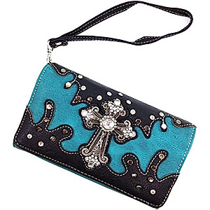 Justin West Cross Studs Concealed Carry Shoulder Handbag Tote Purse Crossbody Wallet (Blue Handbag and Wallet)