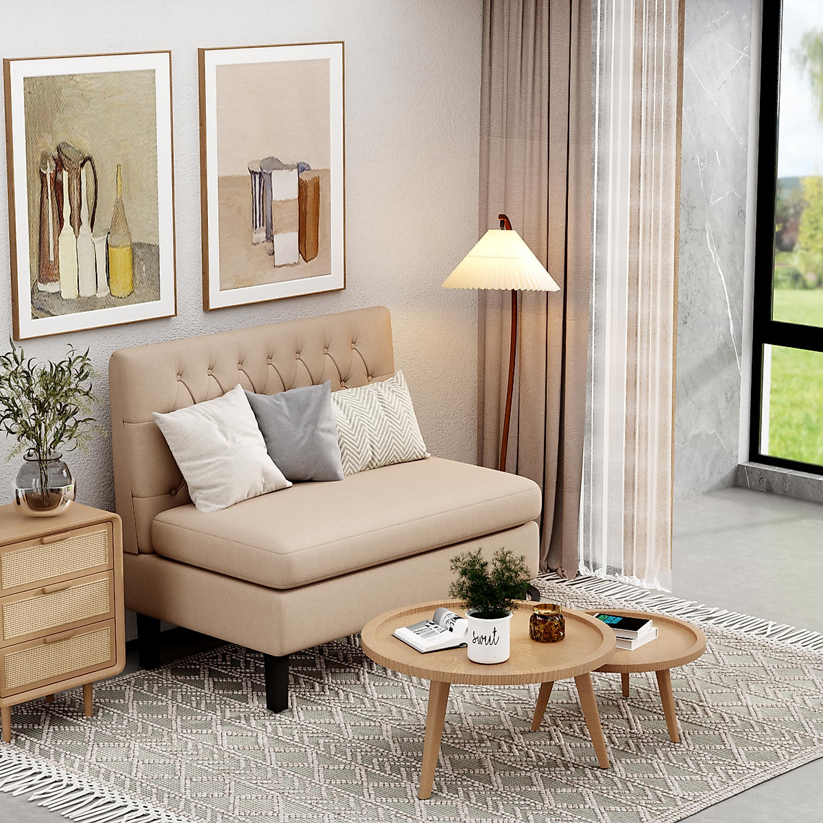 Andeworld Modern Loveseat Settee Button Tufted Sofa Couch Upholstered Banquette Dining Bench High Back Living Room Funiture (Khaki 1)