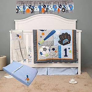 6 PCs Blue Sports Themed Nursery Crib Bedding Set Baby Boy Embroidery Ruby Soccer Basketball Baseball Cot Bedding Set