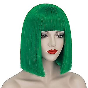 Juziviee Green Wigs for Women 12'' Short Green Bob Wig with Bangs Natural Cute Soft Synthetic Wigs for Party St Patricks Day AD016DGR