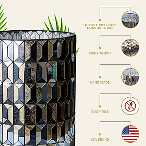 Escenzy Modern Bathroom Trash Can Mosaic Glass 6L | Decorative Small Garbage Can | 8" x 10" | Luxury Waste Basket for Bathroom, Office, Bedroom & Kitchen | Shiny Black and Gold Bathroom Accessories