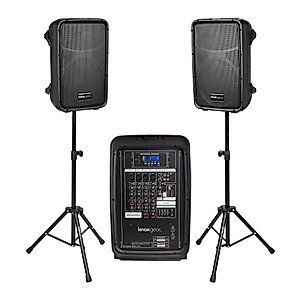 Knox Gear Dual Speaker and Mixer Set–Portable 8” 300 Watt DJ PA System with Wired Microphone & Tripod Stands, Amplifier, Bluetooth, USB, SD, 1/4” Line RCA, XLR Inputs, Ideal for a party or event