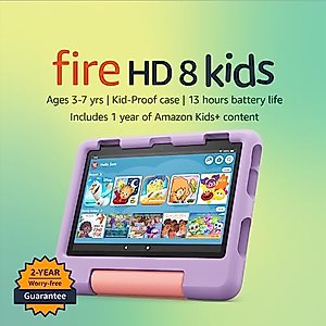 Amazon Fire HD 8 Kids tablet, 8" HD display, ages 3-7, includes 2-year worry-free guarantee, Kid-Proof Case, 64 GB, (2022 release), Purple
