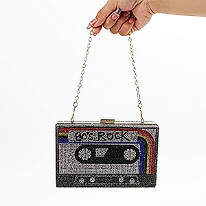 ZLM BAG US Retro Cassette Evening Clutch Purse Crystal Inlaid Bling Crossbody Shoulder Bag for Graduation Wedding Party