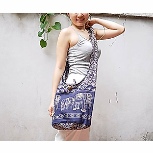 PumPumpz Hippie Boho Elephant Crossbody Bohemian Gypsy Sling Shoulder Bag Medium Size (Twins Elephant Navy)