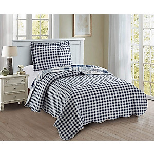 Brilliant Sunshine Plaids and Stripes Quilt Set, 2-Piece Bedding Sets with 1 Sham, Patchwork Design, Washable and Reversible Bedspread, Soft Lightweight Coverlet, All-Season, Twin/Twin XL, Blue