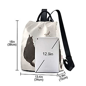 Mcyhzjd Backpack Purse, Vintage Black Fluffy Cat with Dragonfly Anti-theft Casual College School Ladies Fashion Shoulder Bag