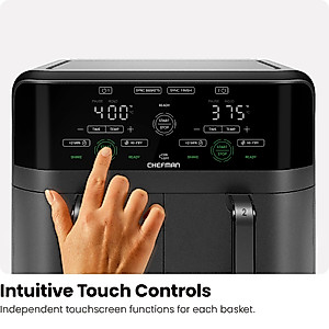 Chefman 6 Quart Dual Basket Air Fryer - Digital Touchscreen, Smart Sync Finish, Hi-Fry, Auto Shutoff, 2 Independent 3QT Nonstick Dishwasher-Safe Frying Baskets - Digital Double Air Fryer - Black