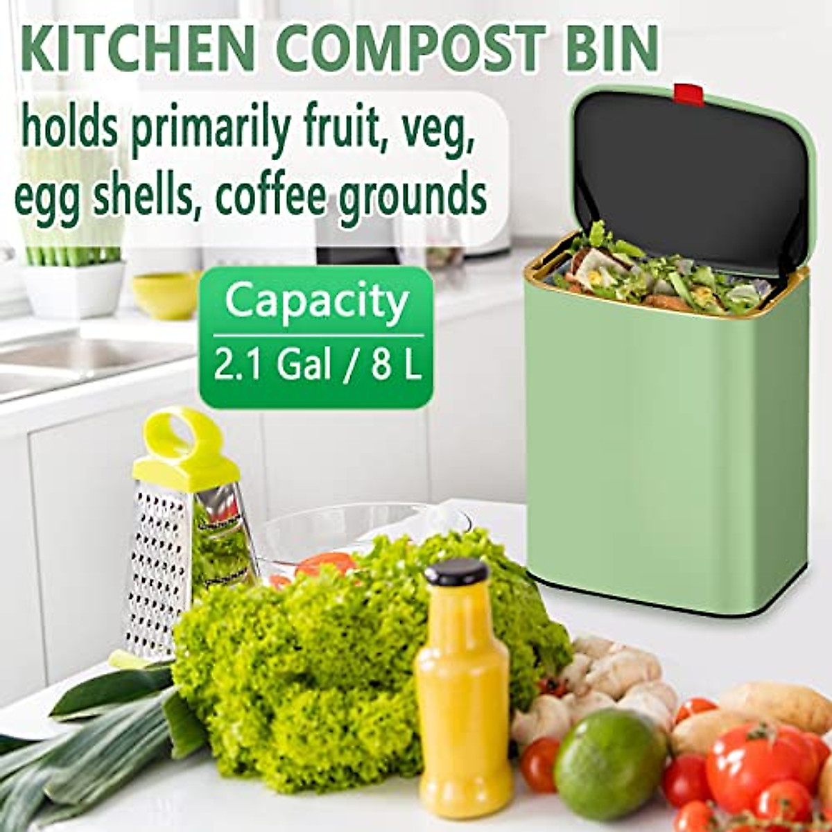 WAYCOM 2.1 Gal Compost Bin Kitchen for Counter Top or Under Sink,Compost Bin Stainless Steel Hanging Compost Bin with Lid for Cupboard/Bathroom/Bedroom/Office,Indoor Compost Bucket