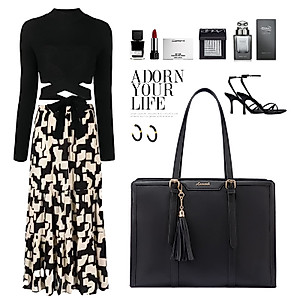 LOVEVOOK Laptop Bag for Women 15.6 inch Lightweight PU Laptop Tote Bag, Large Capacity Computer bag with Clutch Purse for Business, Work, Office, Travel, School,Casual(Black & Leather)