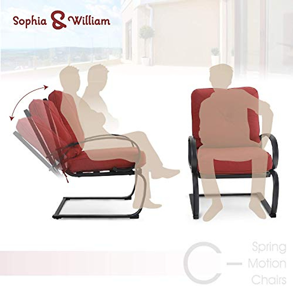 Sophia & William Patio Dining Chairs Set of 4 Outdoor Metal C Spring Motion Chairs Patio Chairs Set with Cushions for Deck Lawn Garden Pool Backyard, Red